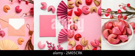 Collage of traditional fortune cookies, envelopes and Chinese New Year ...