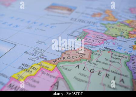 Morocco Country Name On The Political World Map Very Macro Close-Up ...