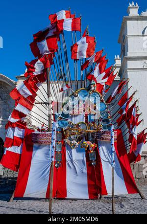 Handicrafts and peruvian flags at Chivay's street market, Peru Stock ...