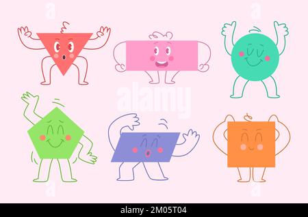 Geometric shapes with emotions. Abstract basic shapes expressing happiness, anger and sadness ...