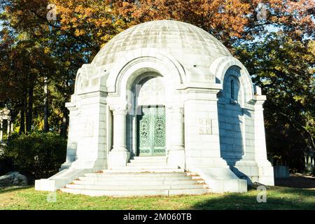 Cemetery round mausoleum with dome and green iron gate in Sleepy Hollow ...