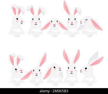 Rabbit characters. White furry hares isolated on white background ...