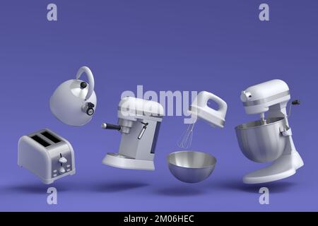 Espresso coffee machine, hand mixer, kettle and toaster on blue ...