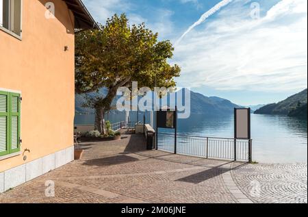 Landscape of Lake Como with the pier of the Cremia village at autumn ...
