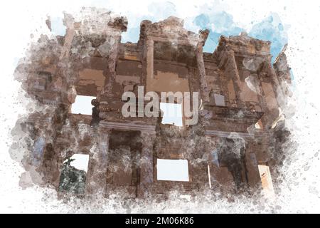 Watercolor illustration of Ephesus ancient city. Watercolor ...