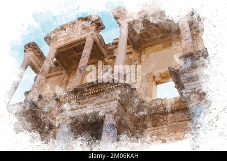Watercolor illustration of Ephesus ancient city. Watercolor ...