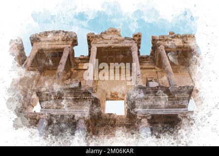 Watercolor illustration of Ephesus ancient city. Watercolor ...