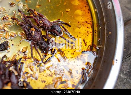 Udong, Cambodia. 19th Nov, 2022. A fried tarantula lies on a hand at ...