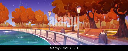 Quay in city park at rain landscape with river bay, wooden benches ...
