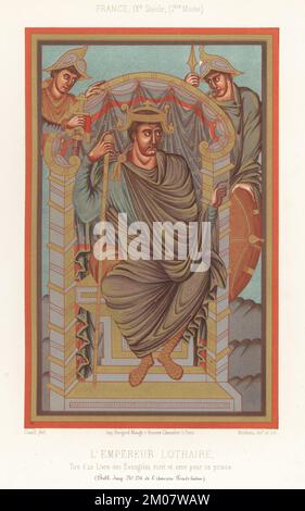 Gospels of Lothar: Emperor Lothar I (795-855) on his throne, flanked by ...