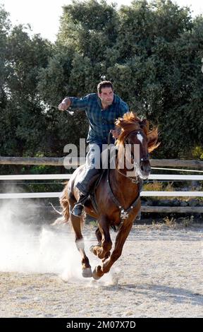 Young farmer from Menorca, practising galloping with his native breed ...