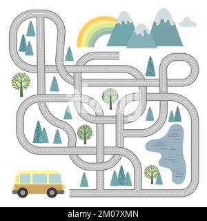 Maze game with vehicles and tangled road. Help the police car to reach ...