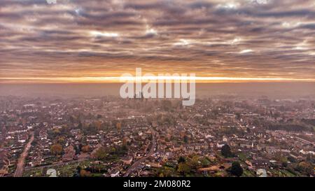 The 'Ship of the Fens', Ely Cathedral, stands proud above mist and fog ...