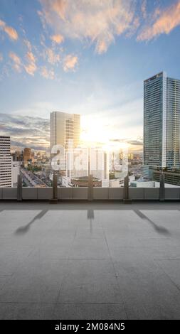 Terrace view with modern cityscapes and blue sky background Stock Photo ...