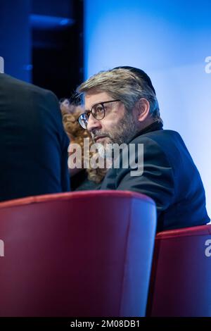 Grand Rabbi of France Haim Korsia, right, talks to the President of the ...
