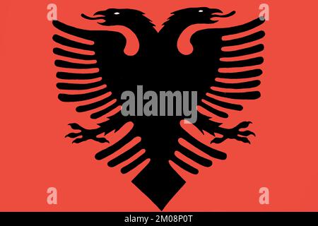 Albanian national coat of arms, double-headed eagle, on a red house ...