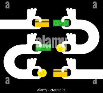 Exchanger work. Hands exchanged. Exchange money for cryptocurrency ...