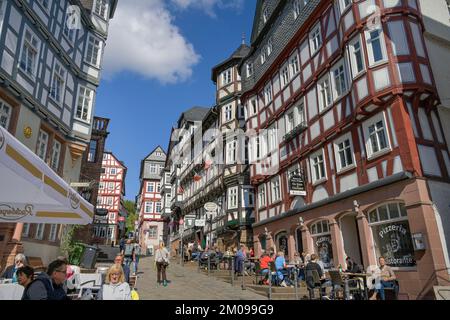 Fachwerkhäuser, Straßencafe, Markt, Oberstadt, Altstadt, Marburg ...