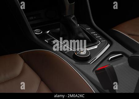 Drive selector button. Car interior, offroad drive controller closeup ...