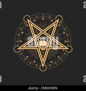 Sun, pentagram, human skull and stars esoteric occult sign. Vector ...