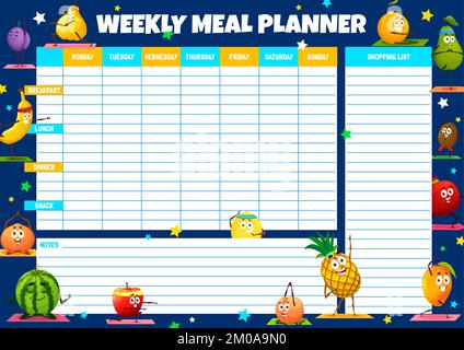 Fitness weekly planner, cartoon fruits sportsmen agenda calendar ...