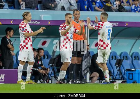 Al Wakrah, Qatar. 05/12/2022, Nikola Vlasic of Croatia pass a ball ...