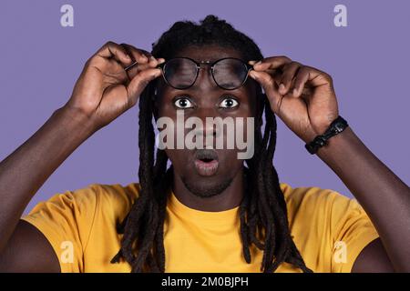 surprised man in eyewear isolated on white background. surprised man ...