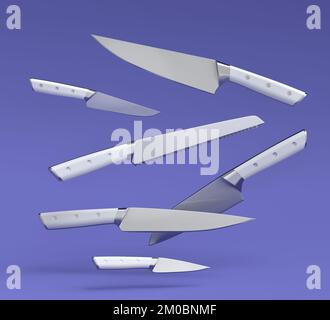 Set of fluing chef's kitchen knives with a wooden handle on white ...