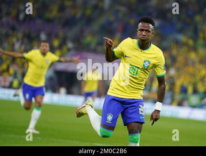 Brazil's Vinicius Junior celebrates scoring their side's first goal of ...
