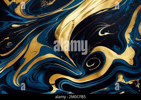 Navi blue and gold marble abstract background. Decorative acrylic paint ...