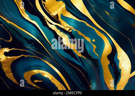 Navi blue and gold marble abstract background. Decorative acrylic paint ...