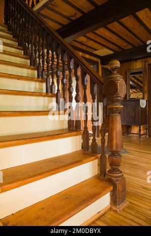 Pine wood staircase with turned newel post in old circa 1850 Canadiana ...