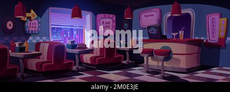 American retro diner interior with furniture. Vector cartoon ...