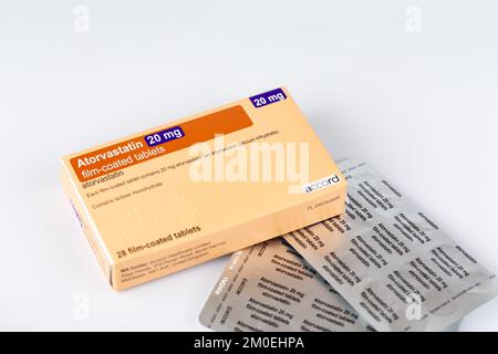 Photograph of a box and blister pack of 20 mg Atorvastatin statin ...
