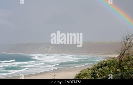 Rainbow over Sennen Cove (Whitesand Bay), Cornwall, England, after a ...