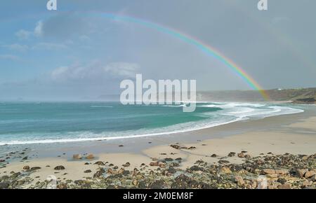 Rainbow over Sennen Cove (Whitesand Bay), Cornwall, England, after a ...