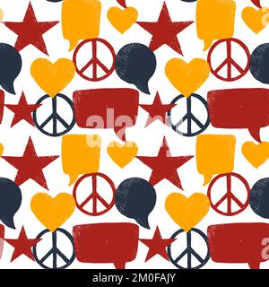 Textured seamless pattern with stars, peace sign and hearts. Vector ...