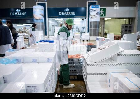 Staff work in the seafood pavilion at Rungis International wholesale ...