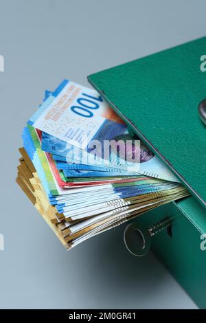 Cash box and Swiss banknotes, money, banknotes Stock Photo - Alamy