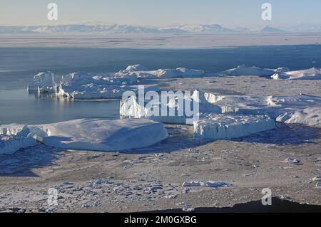 Giant icebergs from above, aerial view, winter, climate change, Disko ...