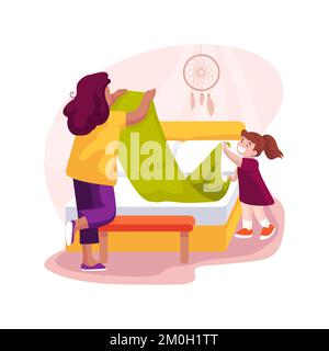 Making bed isolated cartoon vector illustration. Smiling mom fixing ...