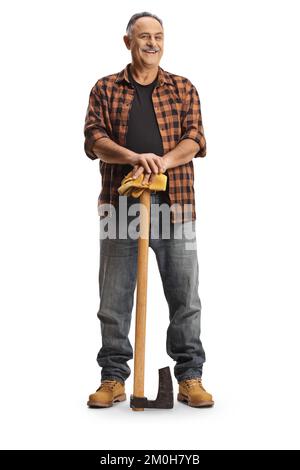 Portrait of mature lumberjack with axe on white background Stock Photo ...