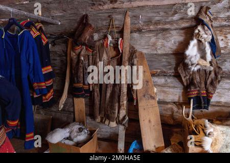 Sweden, Norbotten County, Jokkmokk, traditional Sami meal prepared in a ...