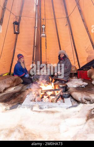 Sweden, Norbotten County, Jokkmokk, traditional costumes hanging on the ...
