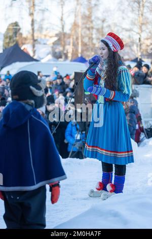 Sweden, Norbotten County, Jokkmokk, traditional costumes hanging on the ...