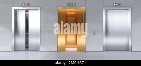 steel and gold elevators, doors open differently. 3d render Stock Photo ...