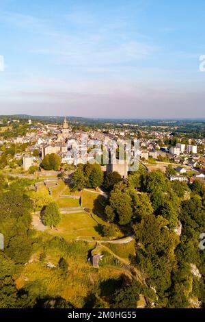 France, Orne, village of Domfront with the ruins of the castle and its ...