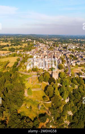 France, Orne, village of Domfront with the ruins of the castle and its ...