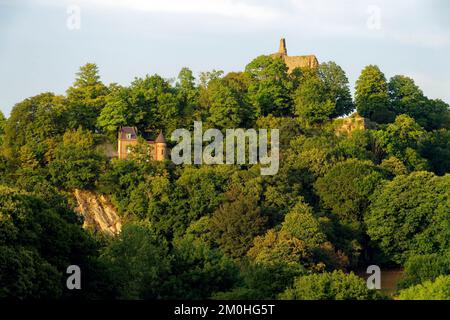 France, Orne, village of Domfront with the ruins of the castle and its ...