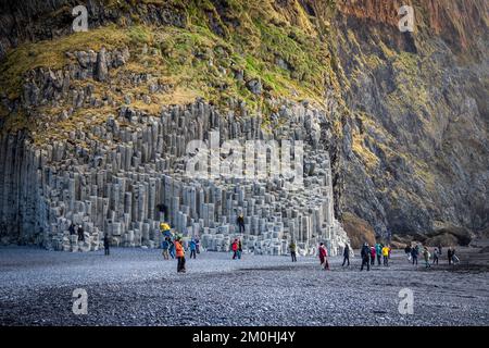 Iceland, Sudurland region, Reynisfjara beach, geometric basalt columns ...